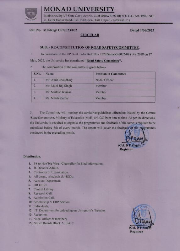 Reconstitution of Road Safety Circular | Monad University
