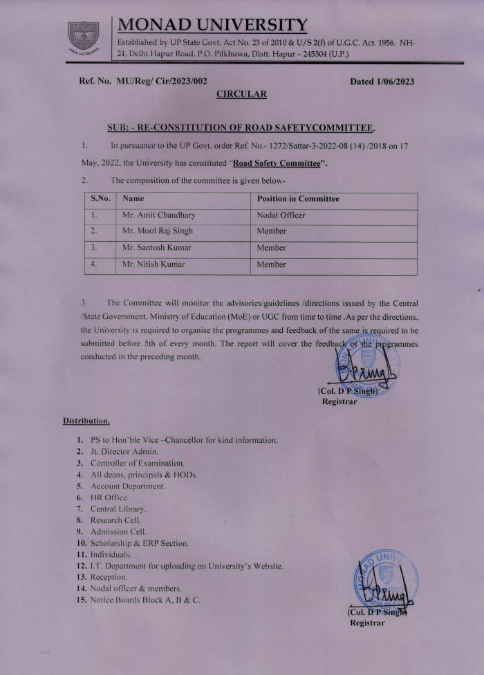 Reconstitution of Road Safety Circular | Monad University